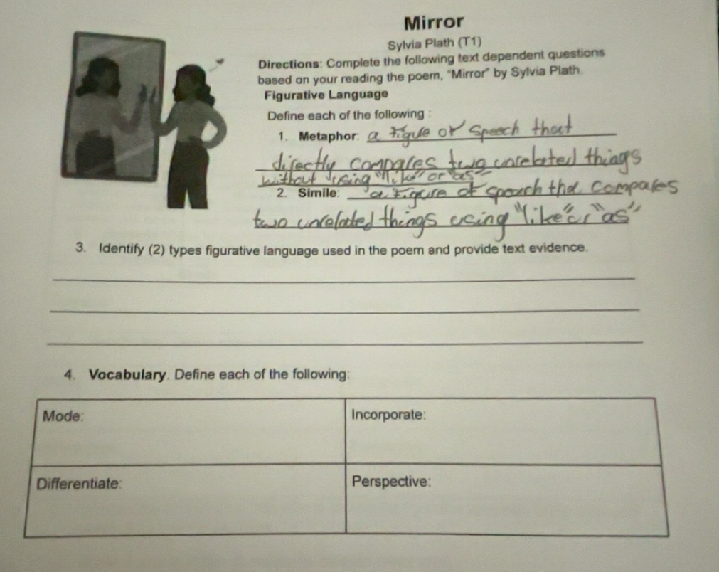 Solved: Mirror Sylvia Plath (T1) Directions: Complete the following ...
