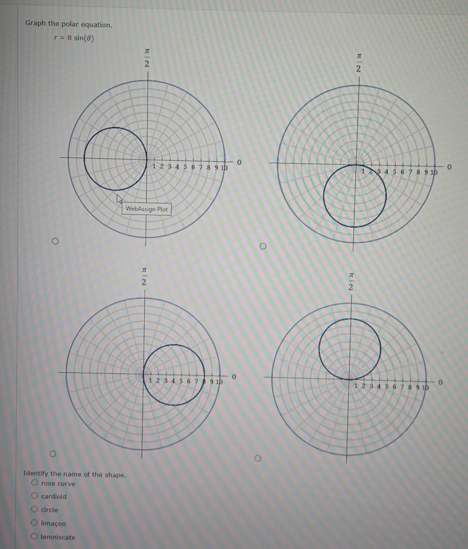 Solved: Graph the polar equation. r=8sin (θ ) Identify the name of the ...