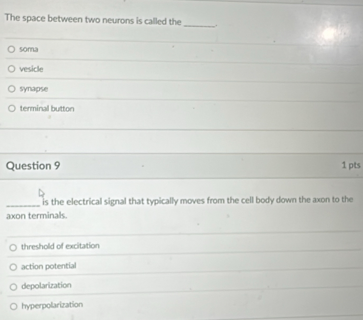 Solved: The space between two neurons is called the _. soma vesicle synapse terminal button ...