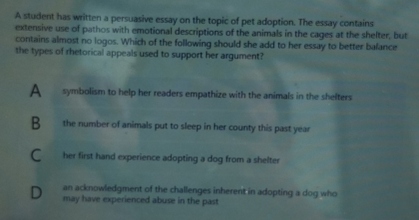 Solved: A student has written a persuasive essay on the topic of pet ...