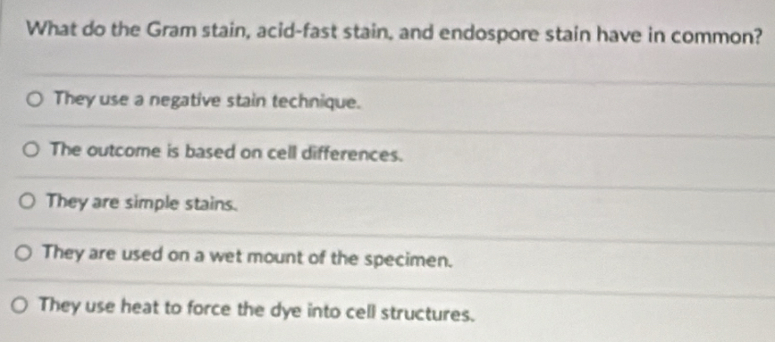 Solved: What do the Gram stain, acid-fast stain, and endospore stain ...