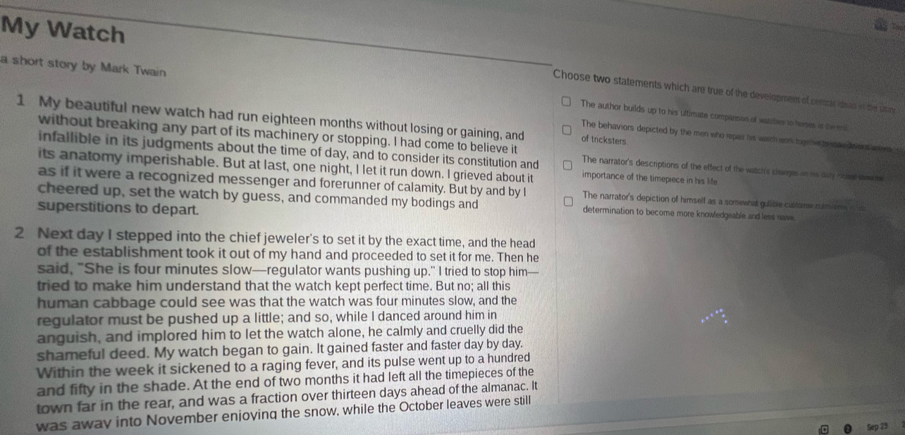 Solved: My Watch a short story by Mark Twain Choose two statements ...