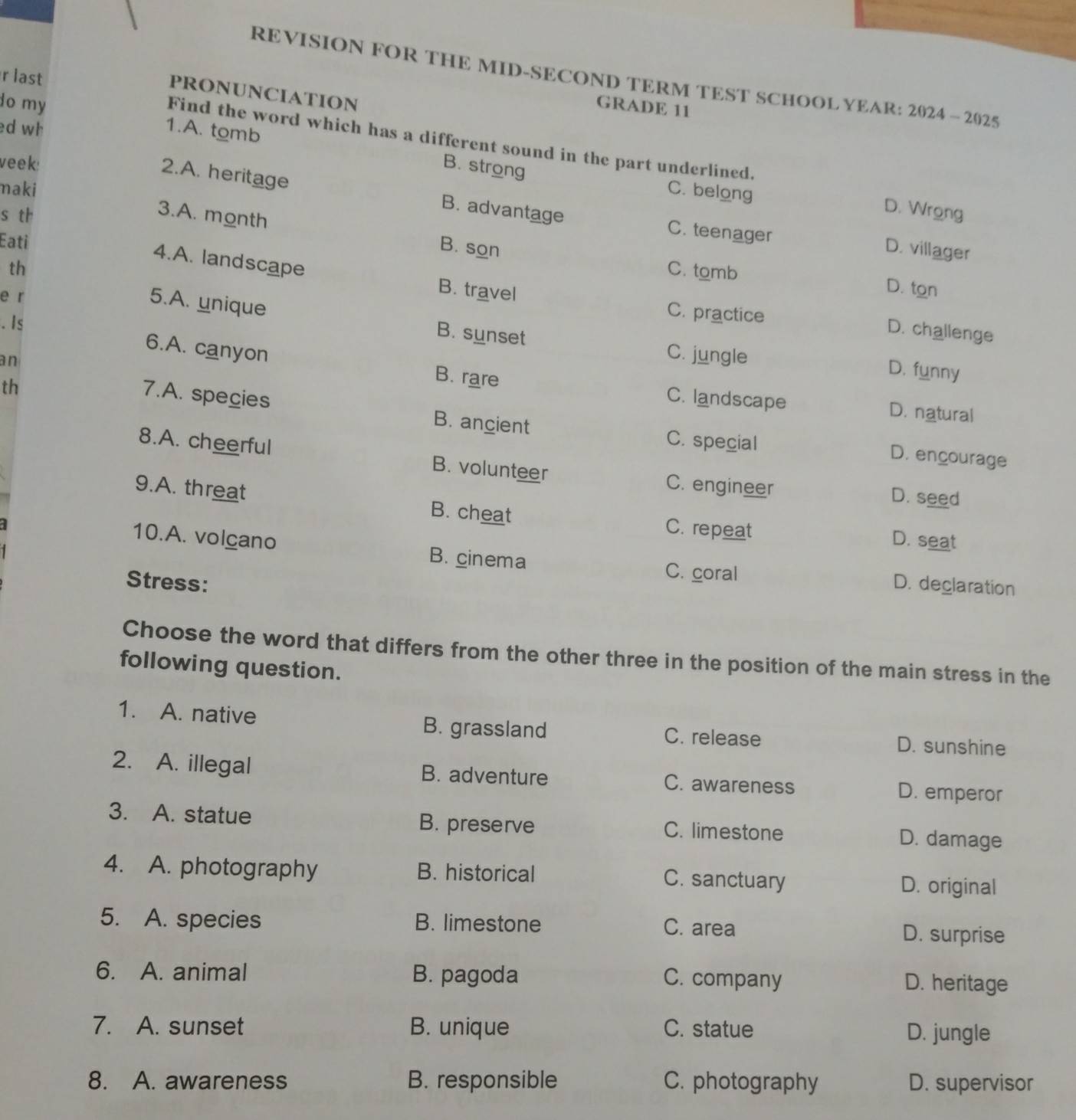 Giải quyết:last REVISION FOR THE MID-SECOND TERM TEST SCHOOLYEAR: 2024 ...