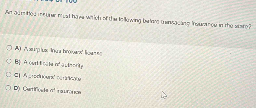 Solved: An admitted insurer must have which of the following before ...
