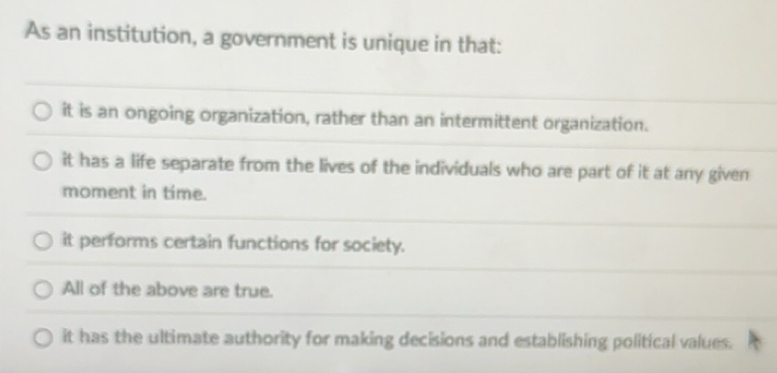 Solved: As an institution, a government is unique in that: it is an ...