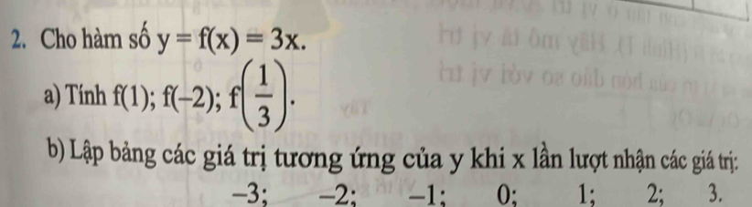 Giải quyết:Cho hàm số y=f(x)=3x. a) Tính f(1); f(-2); f( 1/3 ). b) Lập bảng các giá trị tương ứng c
