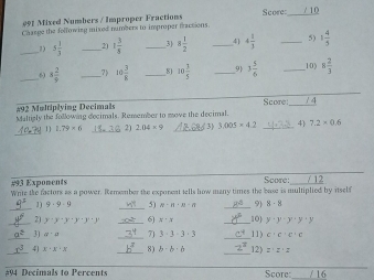 Solved: 091 Mixed Numbers / Improper Fractions Score 10 Casege the ...