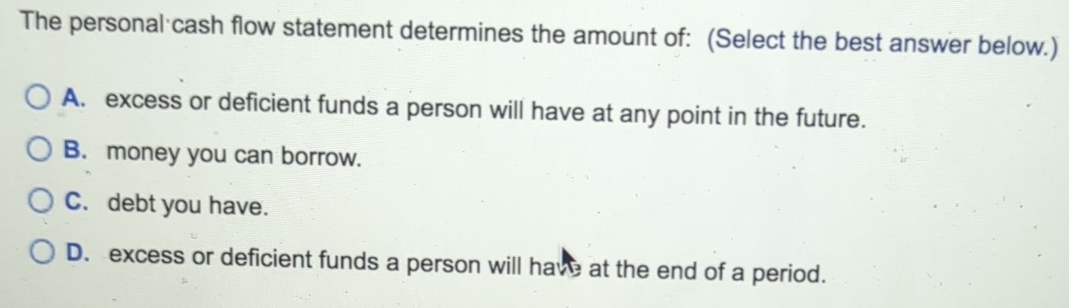 Solved: The personal cash flow statement determines the amount of ...
