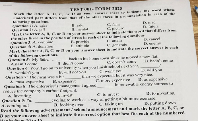 Giải quyết:TEST 001- FORM 2025 Mark the letter A, B, C, or D on your ...