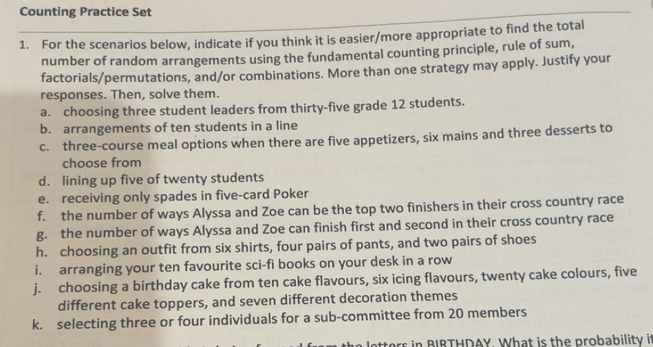 Solved: Counting Practice Set 1. For the scenarios below, indicate if ...