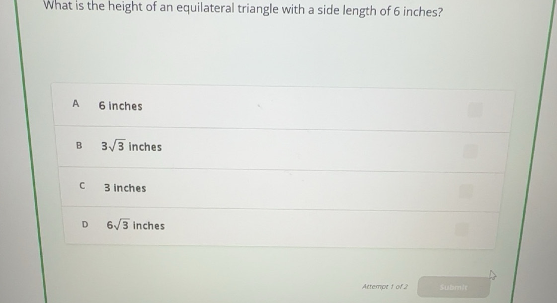 Solved: What is the height of an equilateral triangle with a side ...
