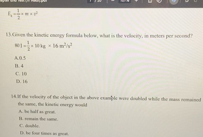 แก้ไขแล้ว:20 10770 E_k= 1/2 * m* v^2 13.Given the kinetic energy ...