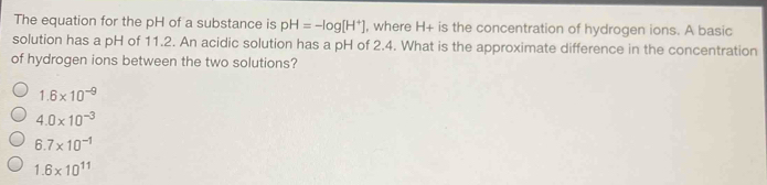 Solved: The equation for the pH of a substance is pH=-log [H^+] , where ...