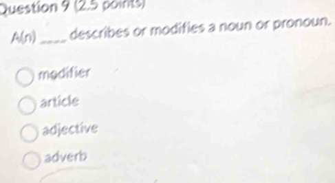 Solved: A(n) _describes or modifies a noun or pronoun. modifier article ...
