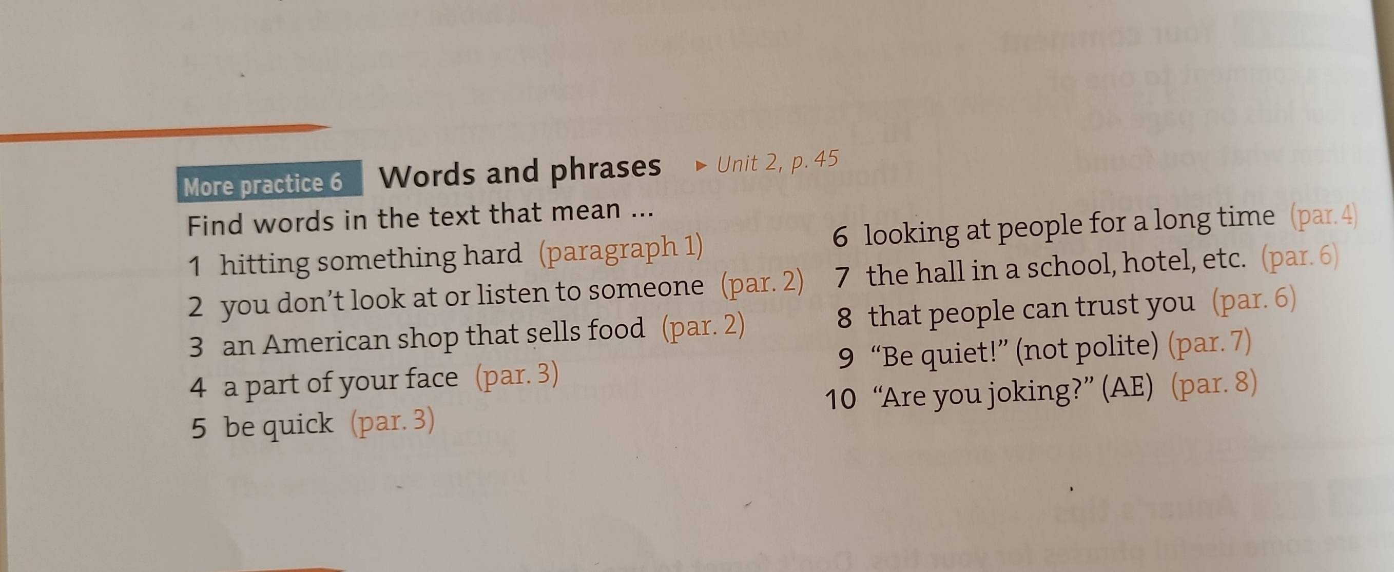 Gelöst:More practice 6 Words and phrases Unit 2, p. 45 Find words in ...