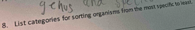 Solved: List categories for sorting organisms from the most specific to ...