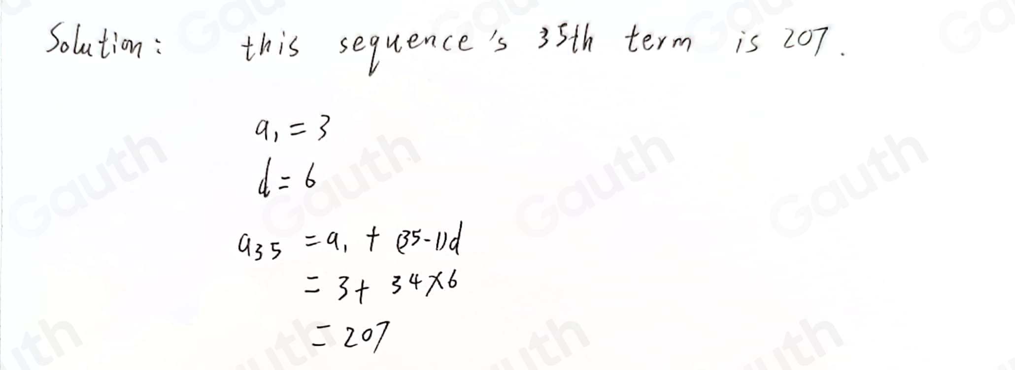 Solved: Find the 35th term in the arithmetic sequence 3, 9, 15, 21,.... . * 7 Your answer [Math]