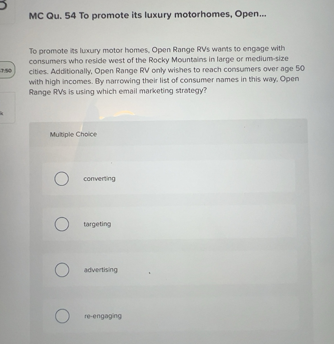 Solved: ) MC Qu. 54 To promote its luxury motorhomes, Open... To ...