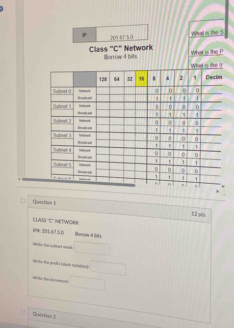 Solved: CLASS 'C' NETWORK IP#: 201.67.5.0 Borrow 4 bits Write the subnet mask: Write the pref ...