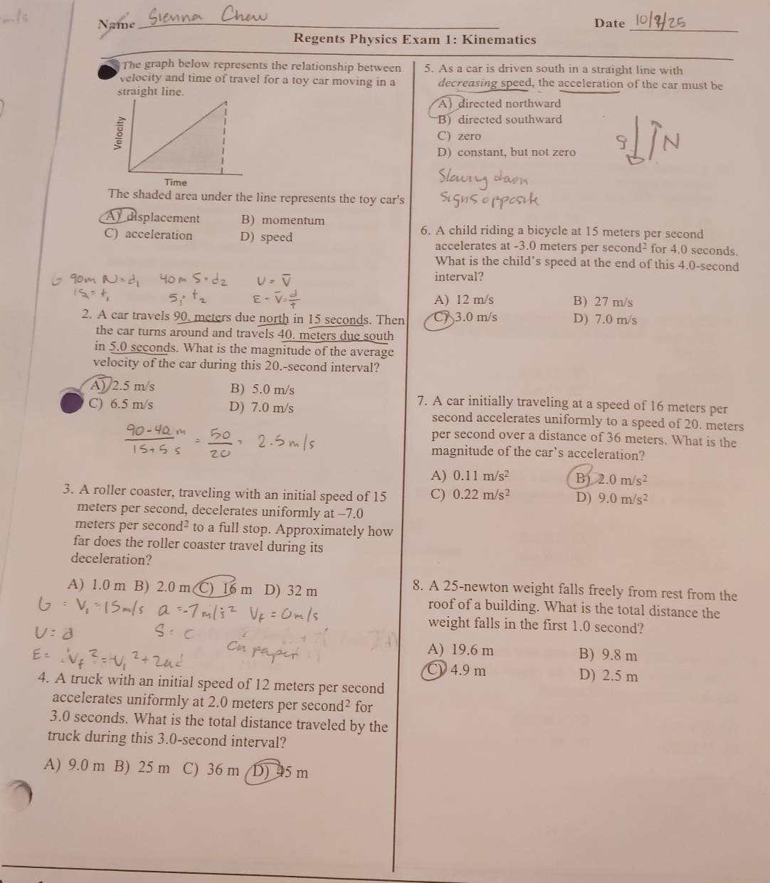 Solved: Name _Date Regents Physics Exam 1: Kinematics The graph below ...