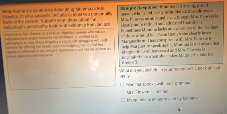 Solved: Write four to six sentences describing Momma or Mrs. Sample ...