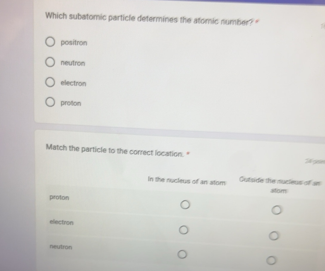 Solved: Which subatomic particle determines the atomic number? * 1 positron neutron electron ...