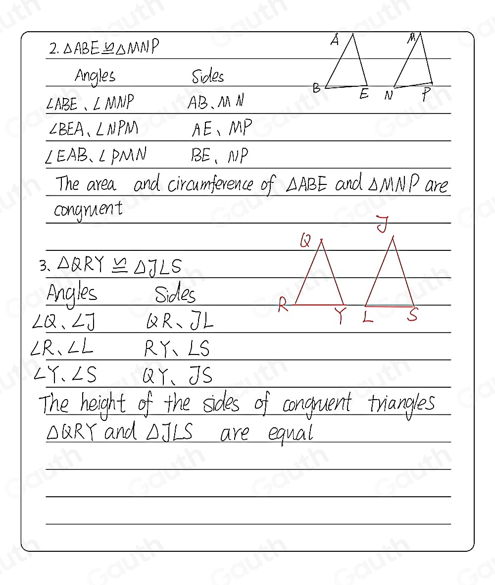 Solved: Directions: Given the congruency statement, list all congruent angles and sues. 2. ABE≌ ...
