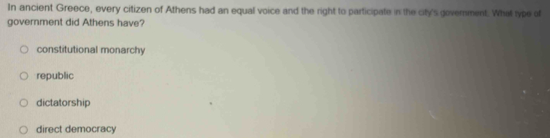 Solved: In ancient Greece, every citizen of Athens had an equal voice ...