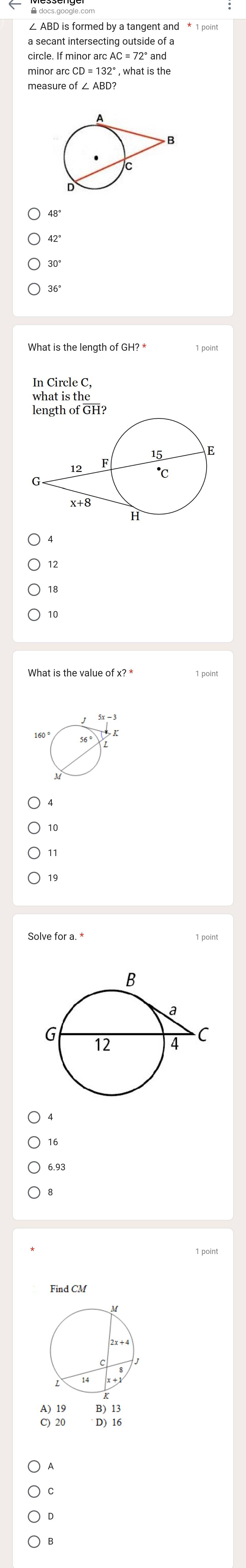 Solved: a secant intersecting outside of a circle. If minor arc A ...