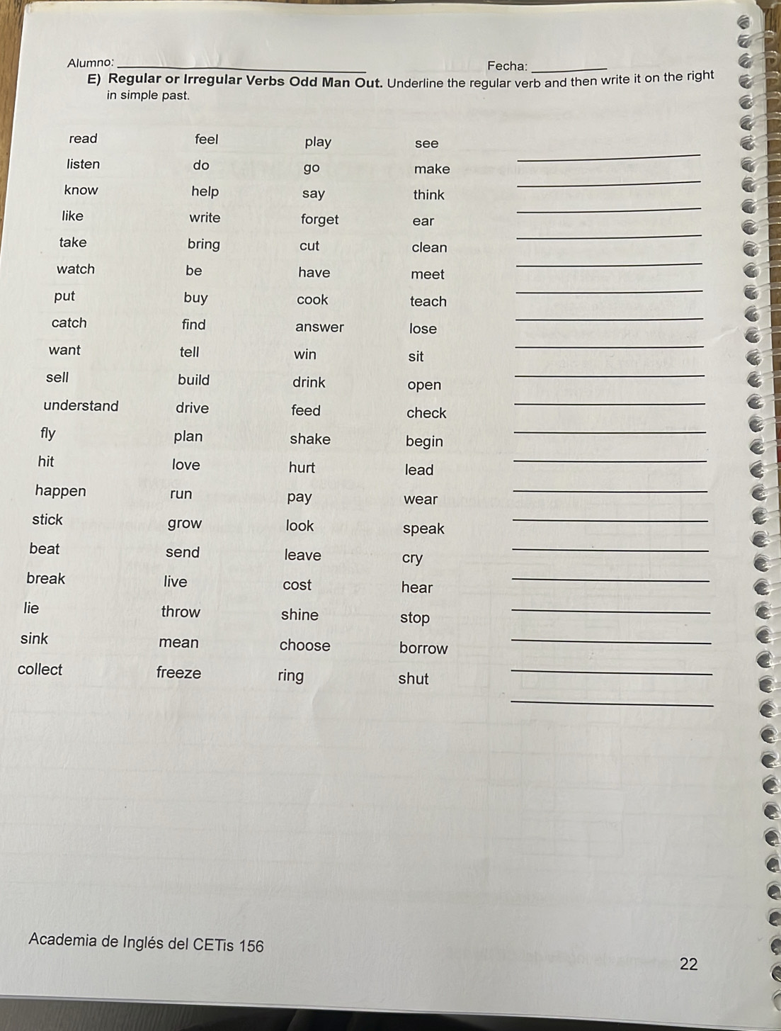 Resuelto:Alumno: __Fecha:_ E) Regular or Irregular Verbs Odd Man Out ...