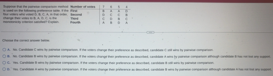 Solved: Suppose that the pairwise comparison method Number of votes 7 6 ...