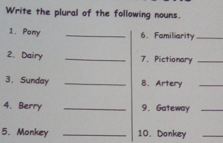 Solved: Write the plural of the following nouns. 1. Pony _6 ...