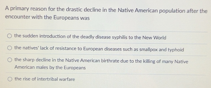 Solved: A primary reason for the drastic decline in the Native American ...