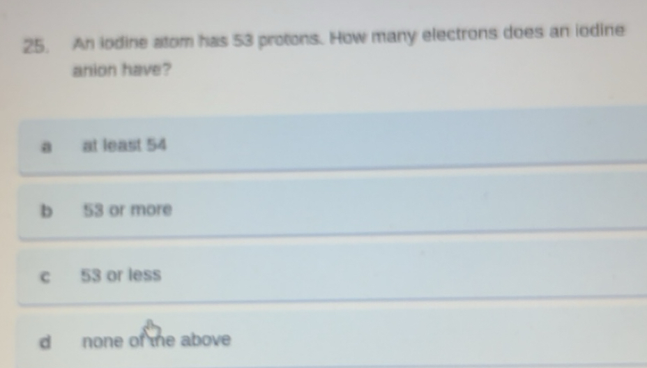 Solved: An iodine atom has 53 protons. How many electrons does an ...