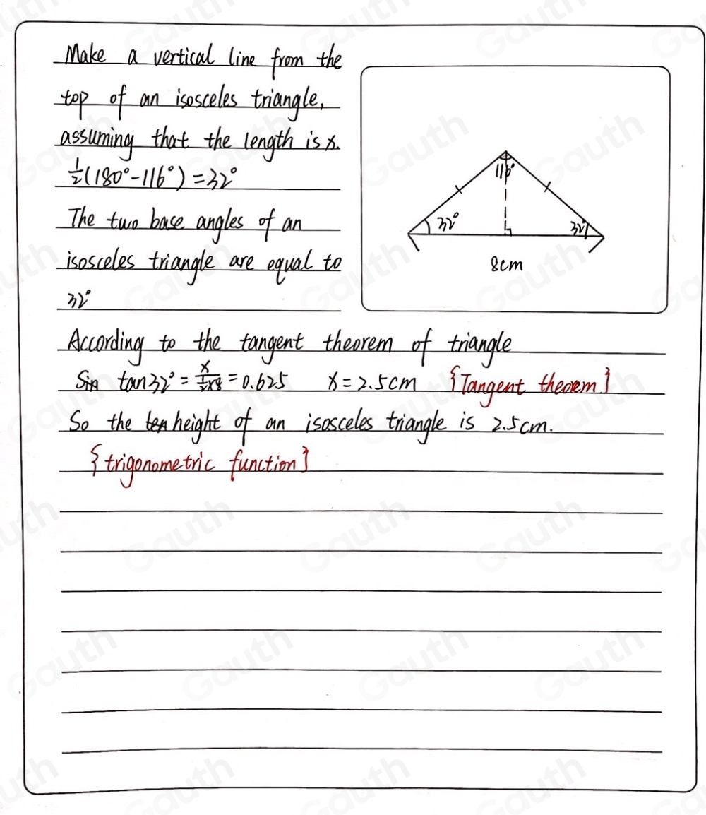 Solved: An isosceles triangle has a vertical angle of 116° and its base ...