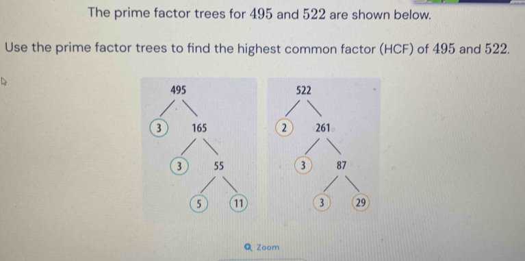Solved: The prime factor trees for 495 and 522 are shown below. Use the ...