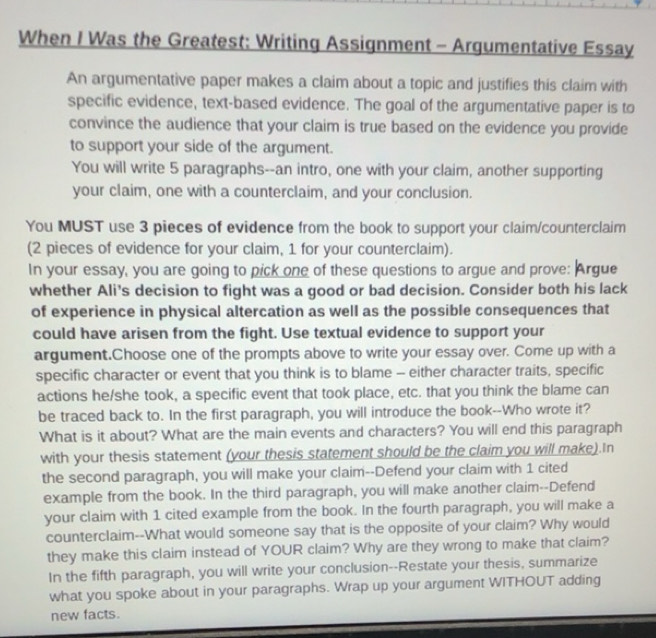 Solved: When I Was the Greatest: Writing Assignment - Argumentative ...