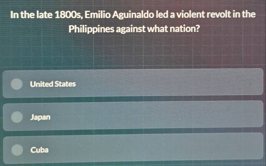 Gelöst:In the late 1800s, Emilio Aguinaldo led a violent revolt in the ...