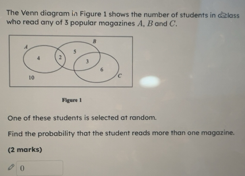 Solved: The Venn diagram in Figure 1 shows the number of students in a ...