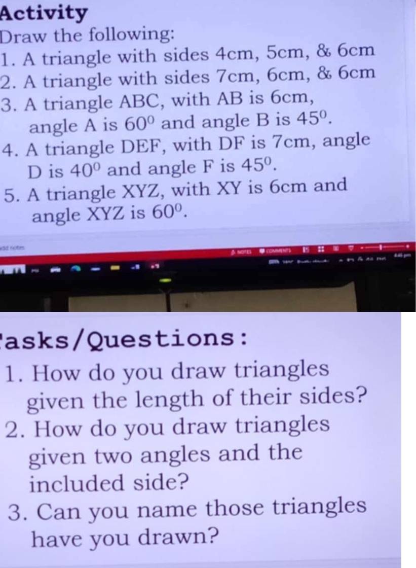 Solved: Activity Draw the following: 1. A triangle with sides 4cm, 5cm, & 6cm 2. A triangle with ...