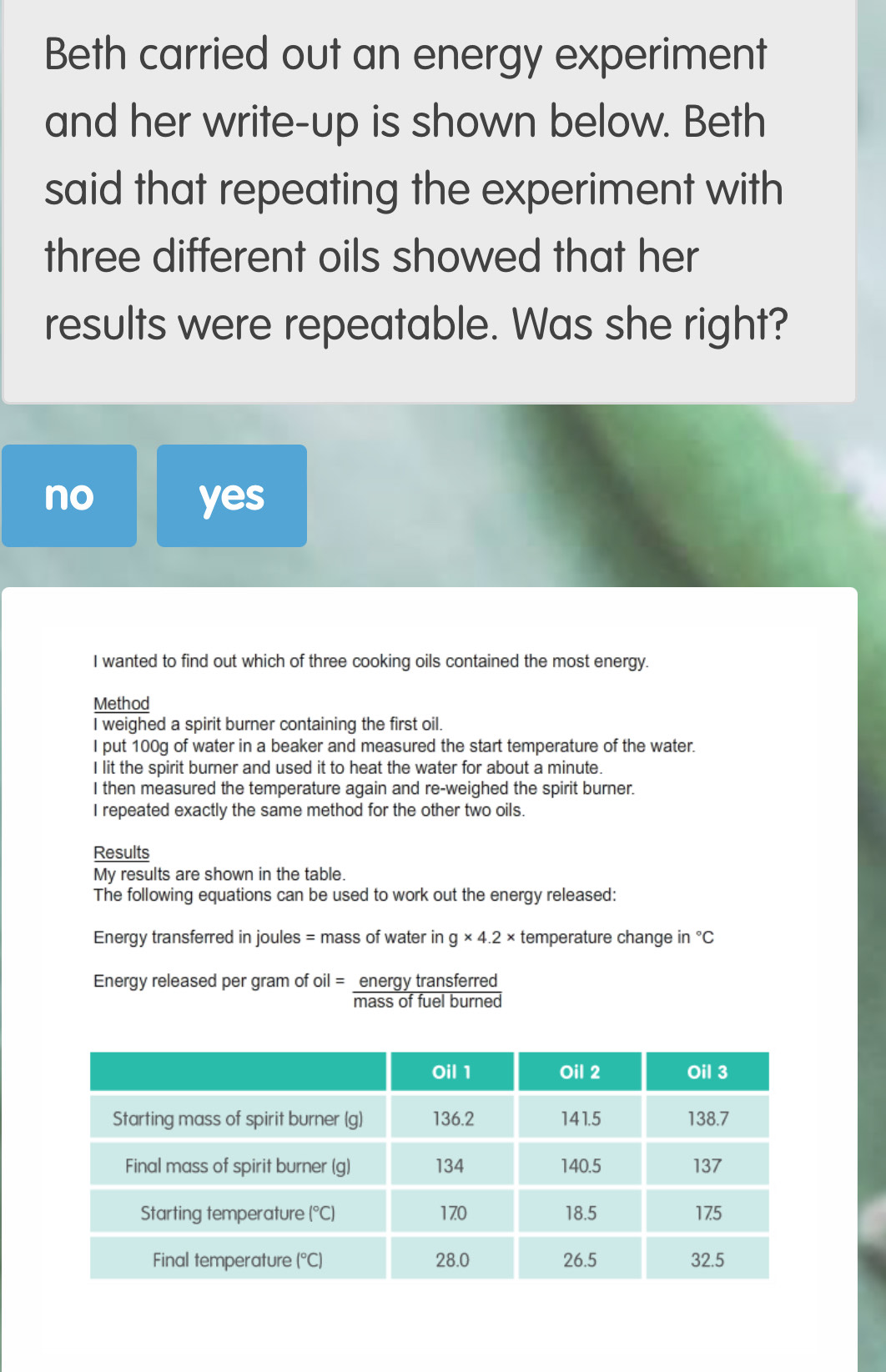 Solved: Beth carried out an energy experiment and her write-up is shown ...