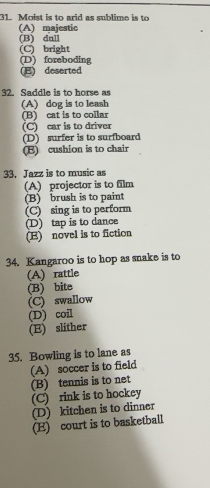 Solved: Moist is to arid as sublime is to (A) majestic (B) dull (C ...