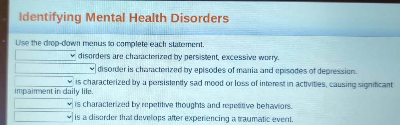 Solved: Identifying Mental Health Disorders Use the drop-down menus to ...