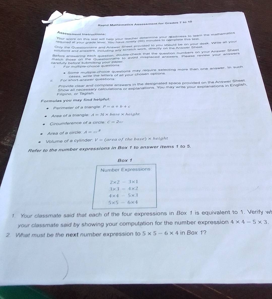 Solved: Rapid Mathematics Assessment for Grades 7 to 10 Assessment Instructions: Your score on t ...