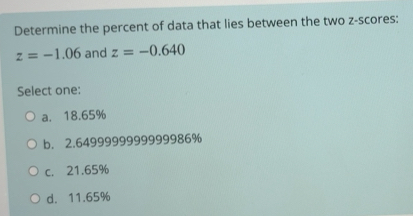 Solved: Determine the percent of data that lies between the two z ...