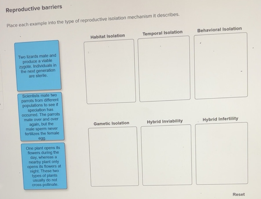 Solved: Reproductive barriers Place each example into the type of ...