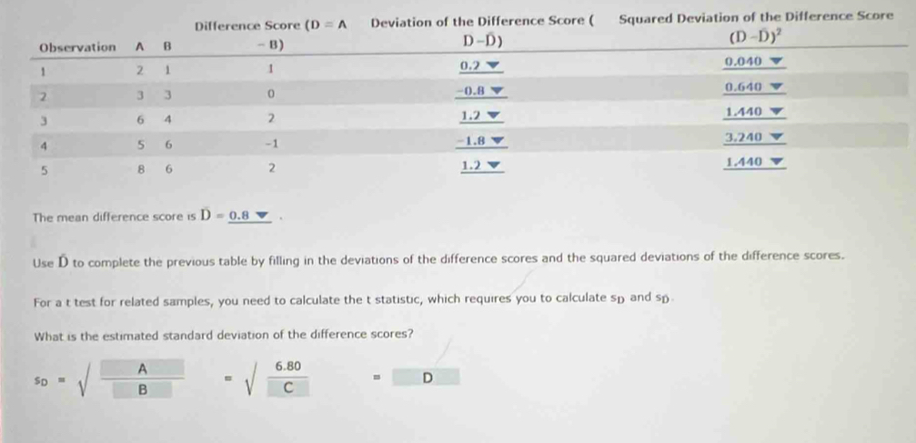 Solved: The mean difference score is D=_ 0.8 W Use D to complete the ...