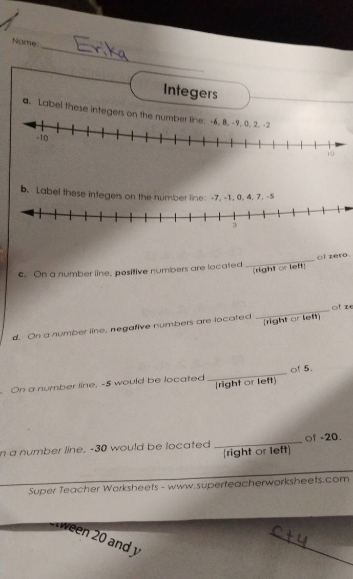 Solved: Name: Integers a. Label these integers on the b. Label these ...