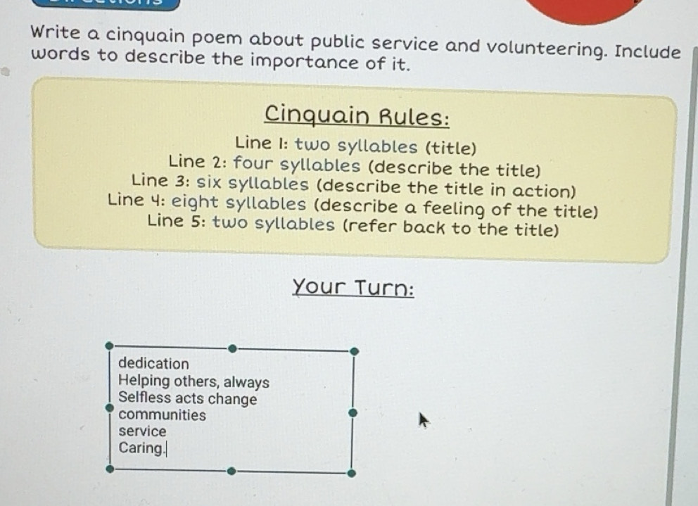 Resuelto:Write a cinquain poem about public service and volunteering ...
