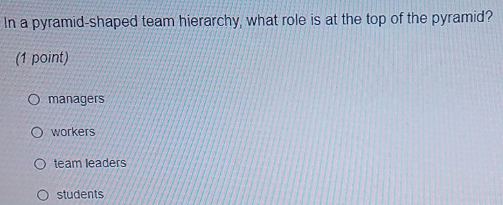 Solved: In a pyramid-shaped team hierarchy, what role is at the top of ...
